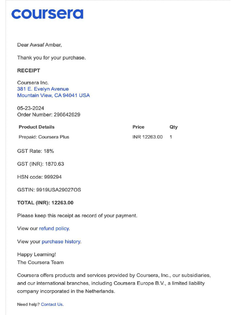 Coursera Bill Format | PDF