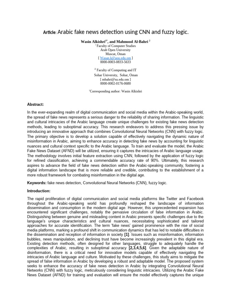 Arabic Fake News Detection Using CNN and Fuzzy Logic | PDF | Deep ...
