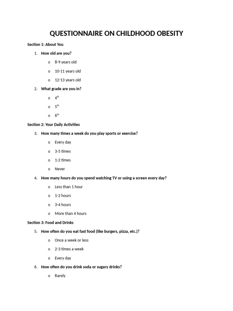 Questionnaire On Childhood Obesity | PDF