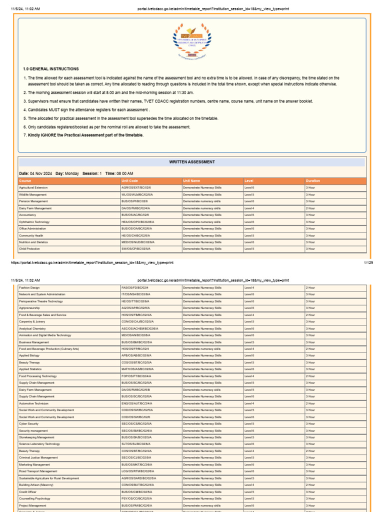 TVET CDACC Assessment Timetable | PDF