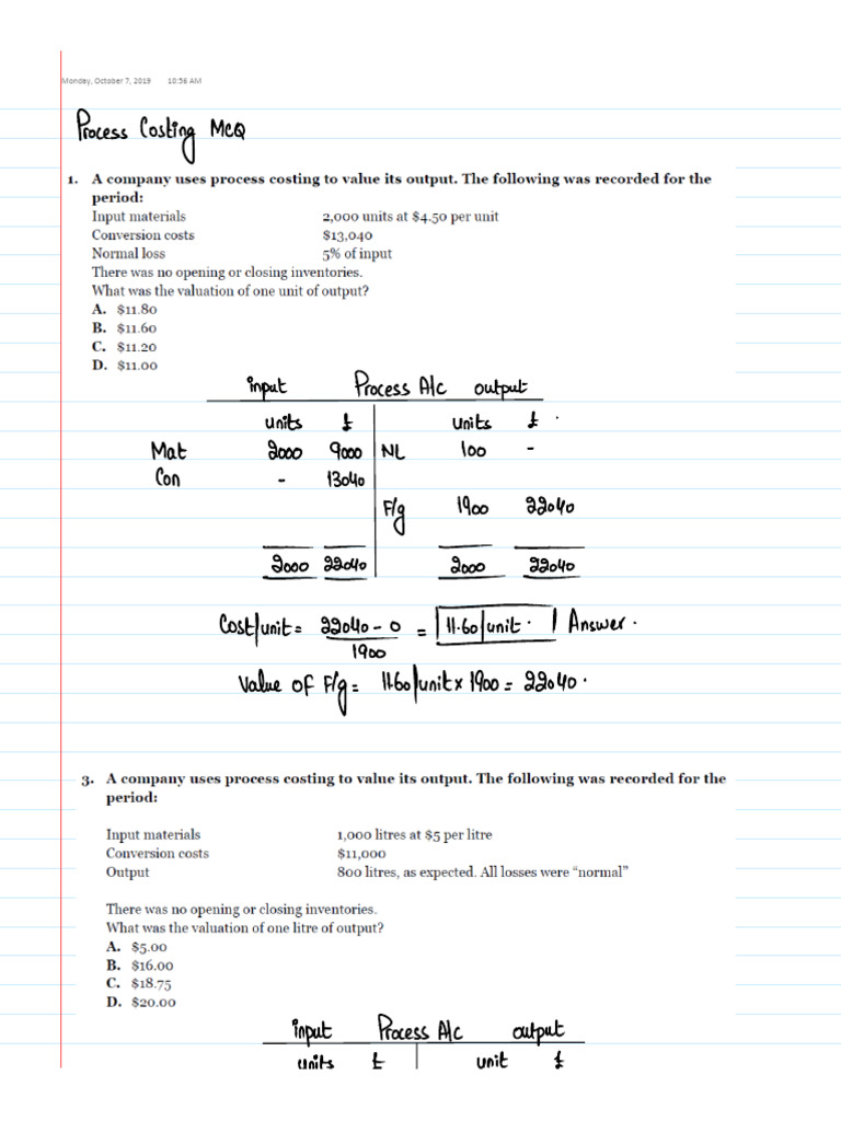 Process Costing MCQ | PDF