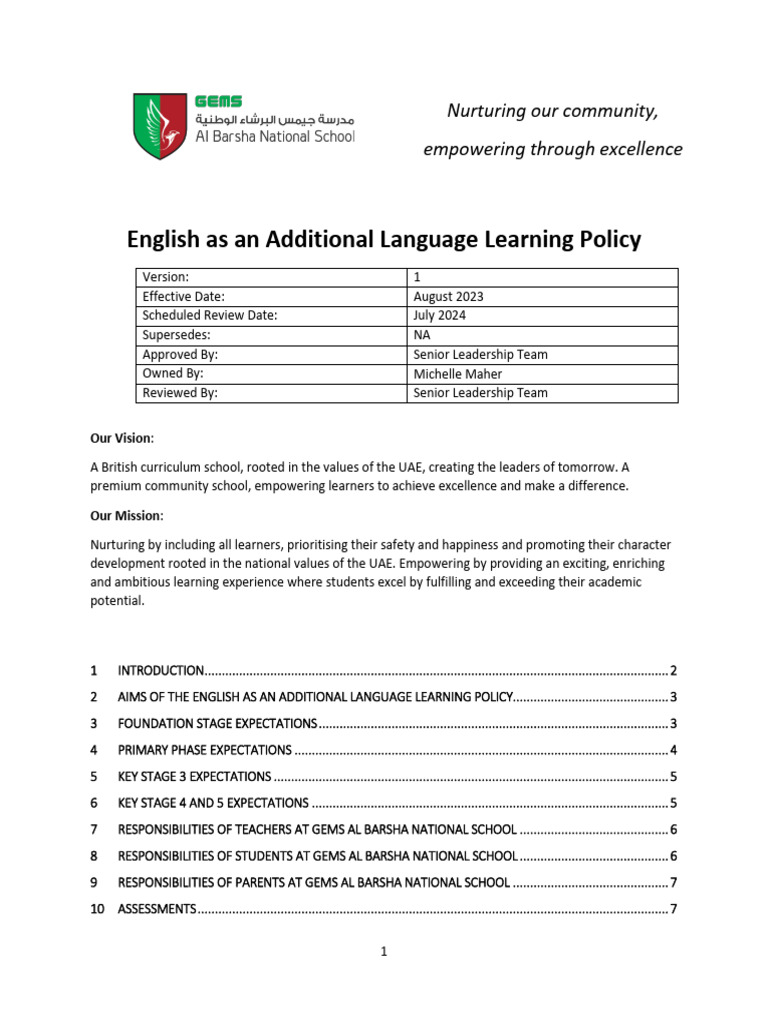 EAL Learning Policy at GEMS Al Barsha | PDF | English As A Second Or ...