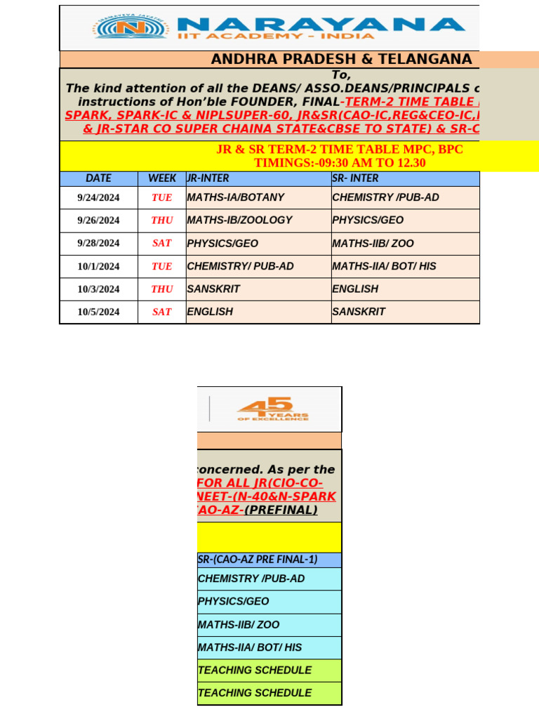 Final AP & Ts JR & SR MPC, BPC Term-2 & Cao-Az Pre Final-1 Time Table With Weightage 2024-25-1 ...