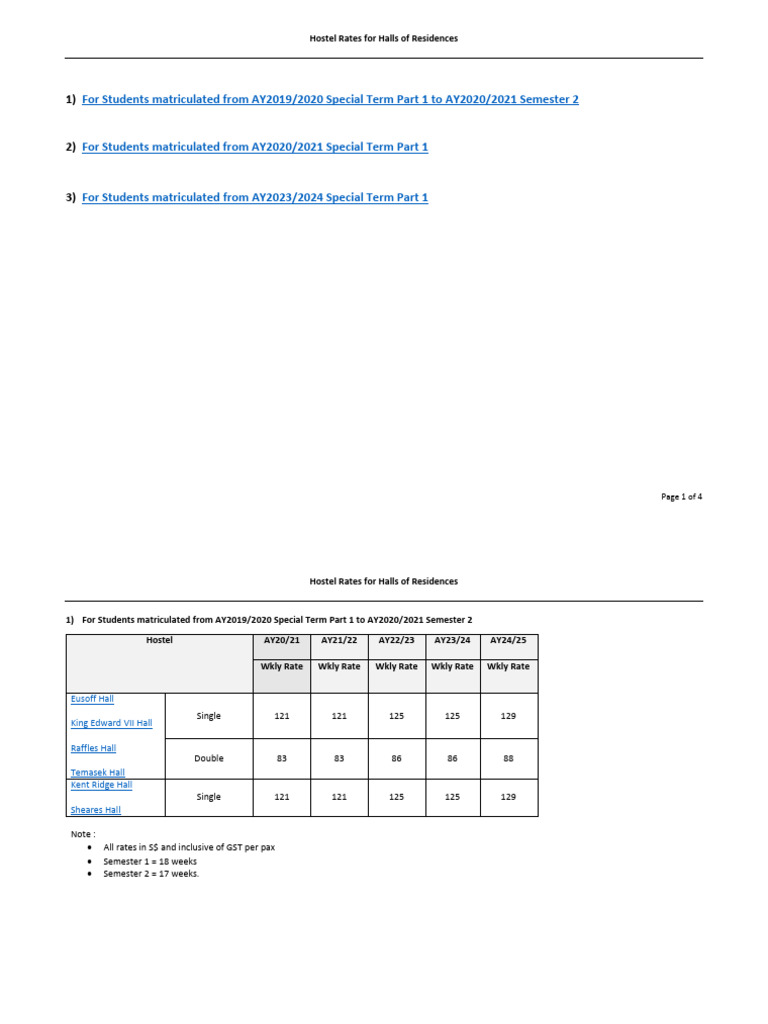 NUS Hostel Rates for Students | PDF