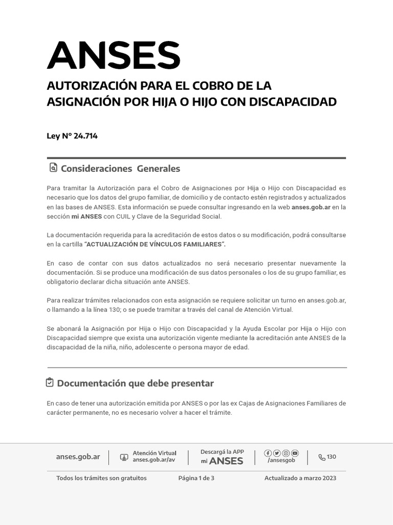 cartilla autorizacion cobro auh discapacidad | PDF