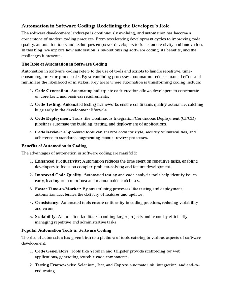 Automation in Software Coding: Redefining the Developer's Role | PDF | Automation | Computer ...