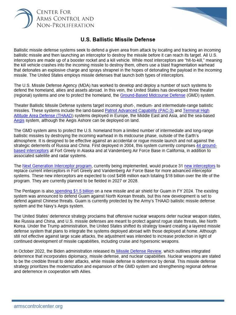 U.S. Ballistic Missile Defense Fact Sheet June 2023 | PDF | Missile ...