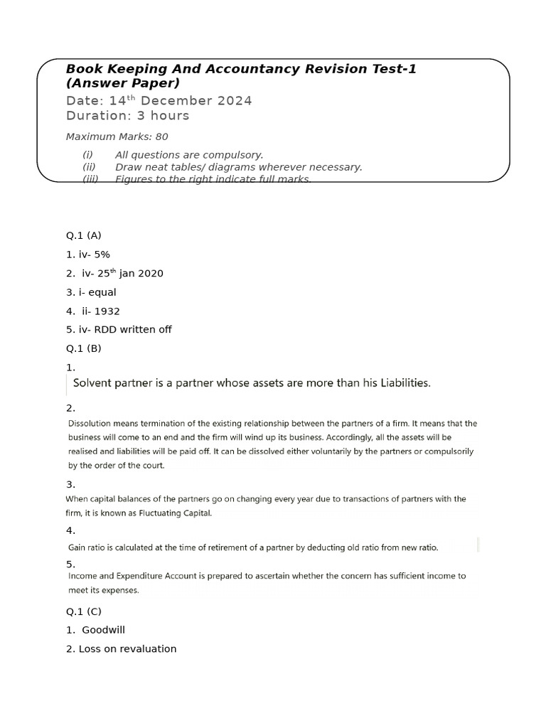 Book Keeping And Accountancy Revision Test-1 (Answer Paper) | PDF