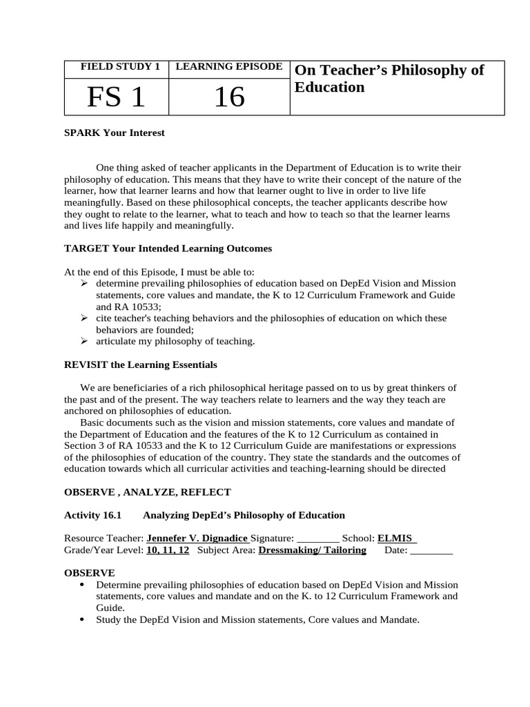 FS 1 ep16 | PDF | Curriculum | Philosophy Of Education