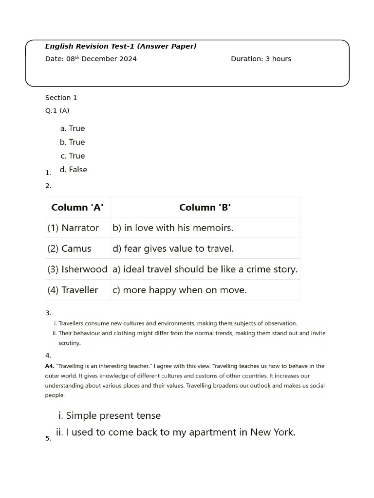 English Revision Test Answer Key | PDF