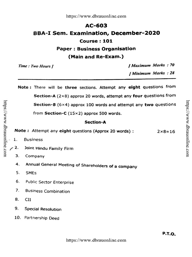 Bba 1 Sem Business Organisation Ac 603 Dec 2020 | PDF