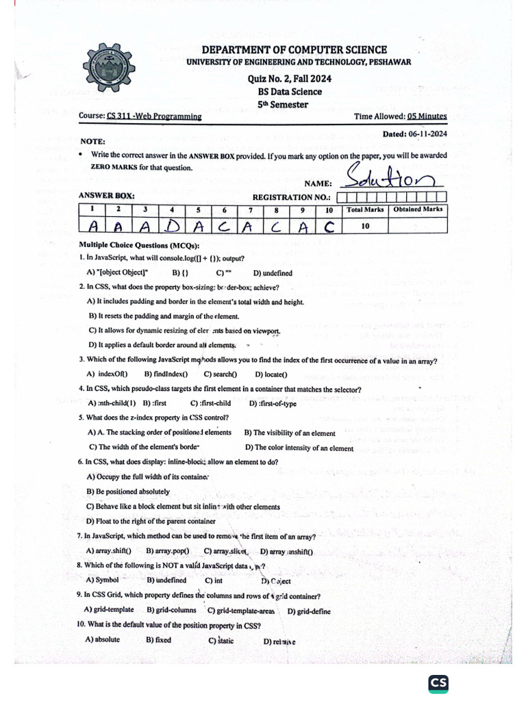 Quiz 2 BS DS 5th Semester | PDF