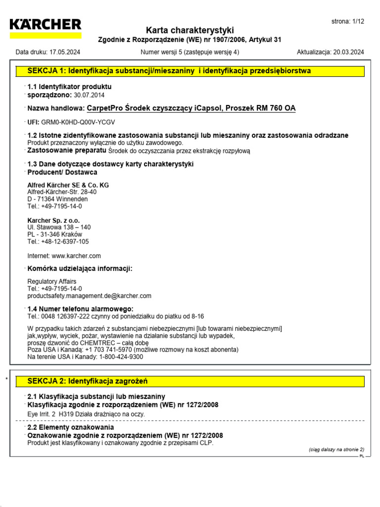 Karta Charakterystyki: SEKCJA 1: Identyfikacja Substancji/mieszaniny I ...