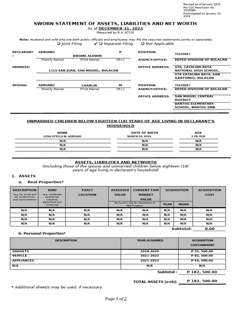 Saln 2023 - Jerome | PDF | Financial Accounting