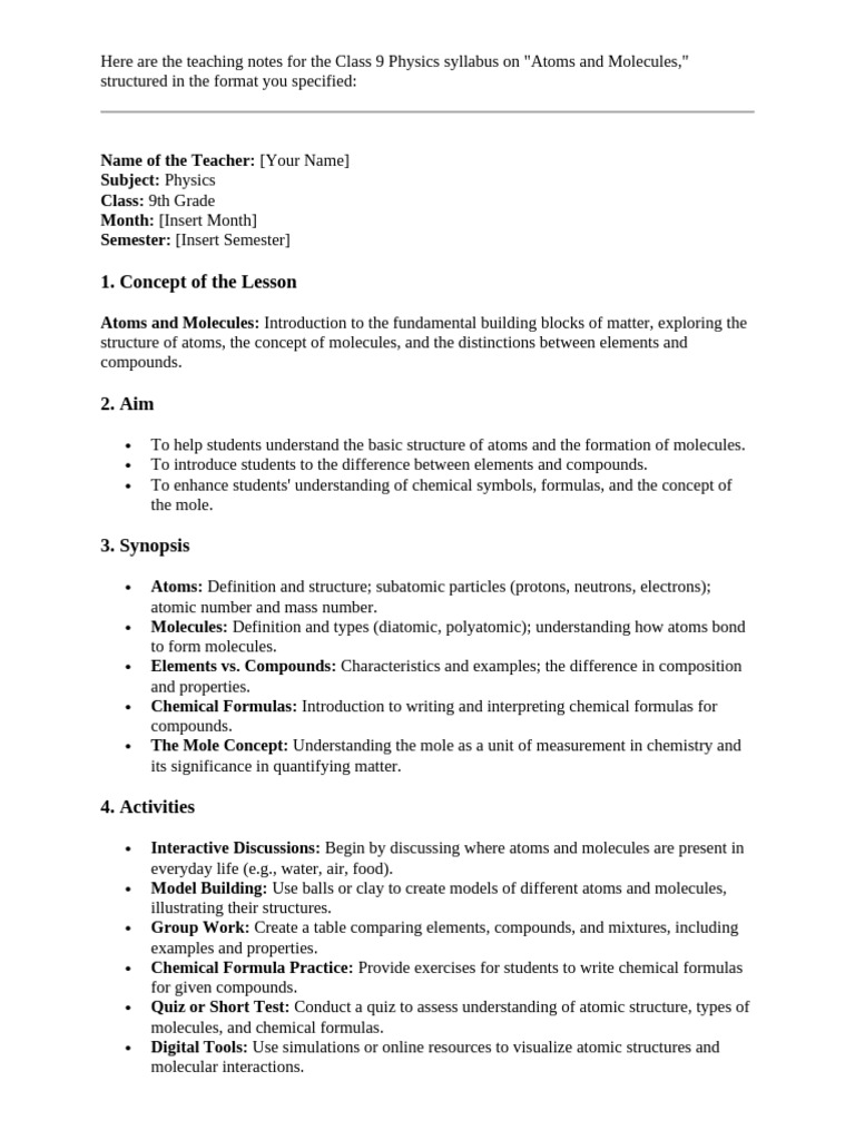 9th Class Unit-3 Atoms and Molecules Teaching Notes | PDF | Molecules ...