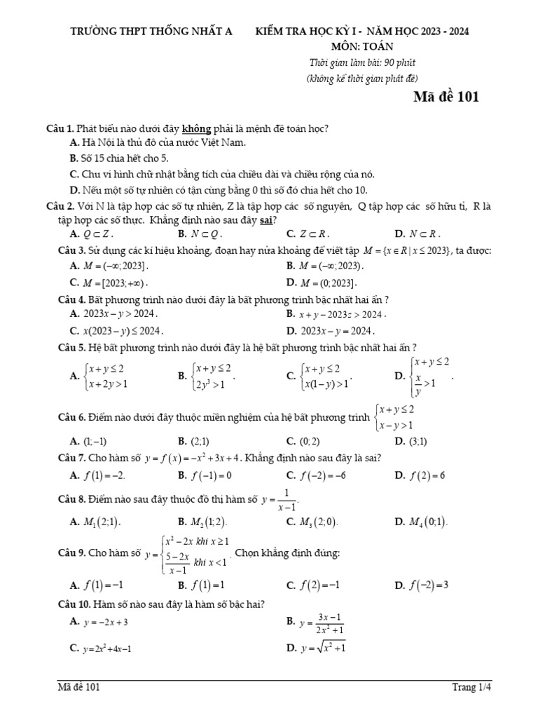 De Cuoi Hoc Ky 1 Toan 10 Nam 2023 2024 Truong THPT Thong Nhat A Dong Nai | PDF