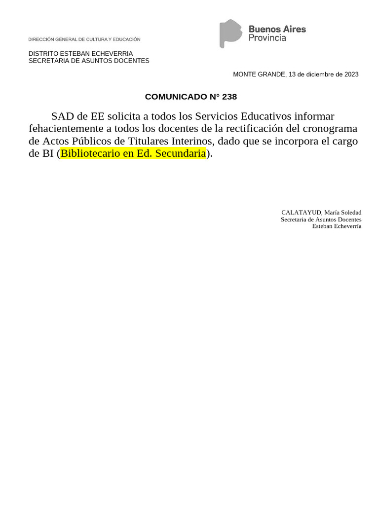 238- COMUNICADO N° 238 - URGENTE RECTIFICACION ACTOS PUBLICOS - INTERINOS 2024 - CARGOS BI | PDF