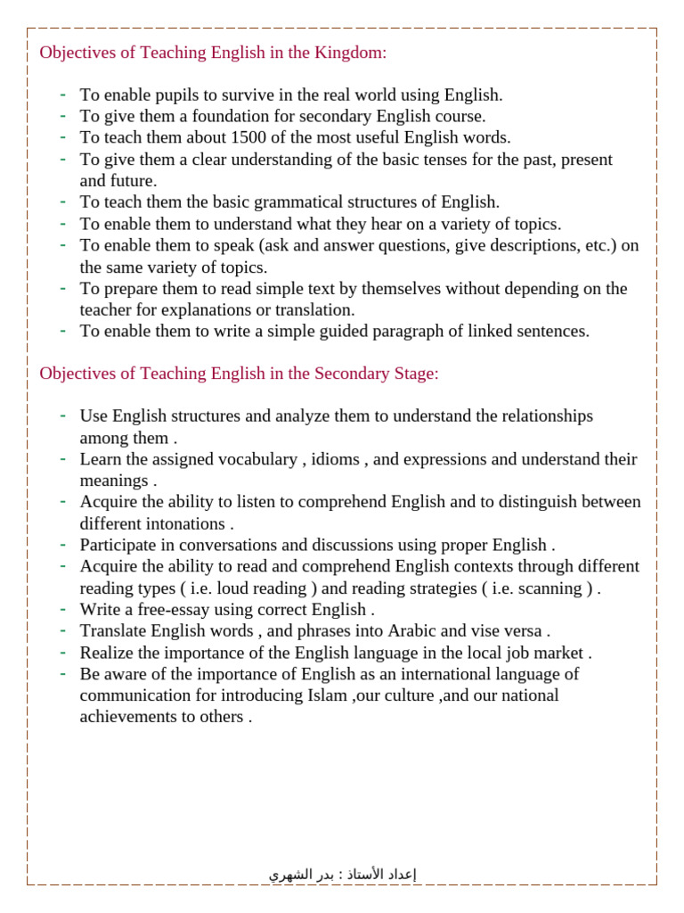 Objectives of Teaching English in The Kingdom | PDF