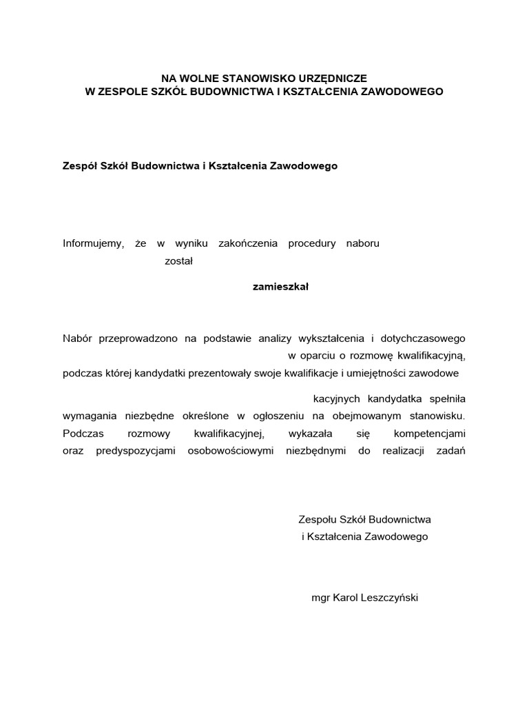 INFORMACJA o Wynikach Naboru | PDF
