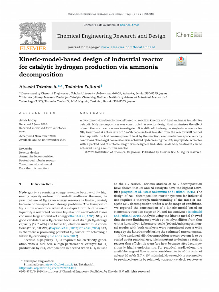 Kinetic-model-based design of industrial reactor for catalytic hydrogen production via ammonia ...