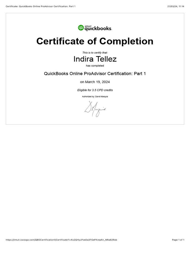 Certificate: QuickBooks Online ProAdvisor Certification: Part 1 | PDF