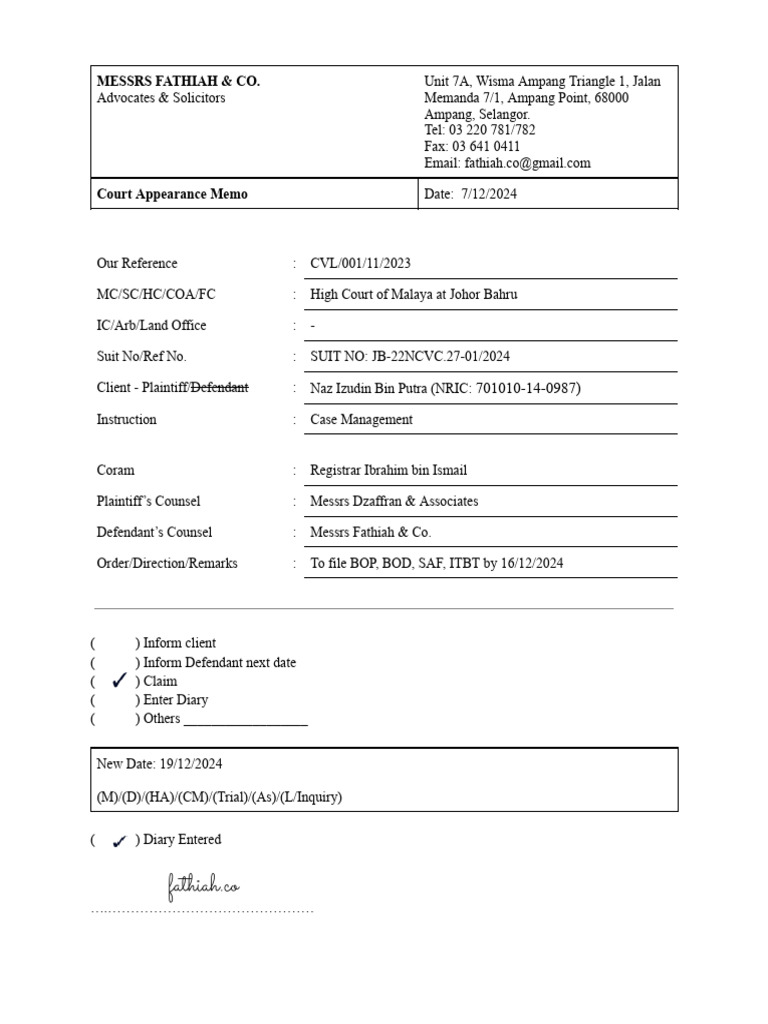 PF CM Memo Court Appearance | PDF