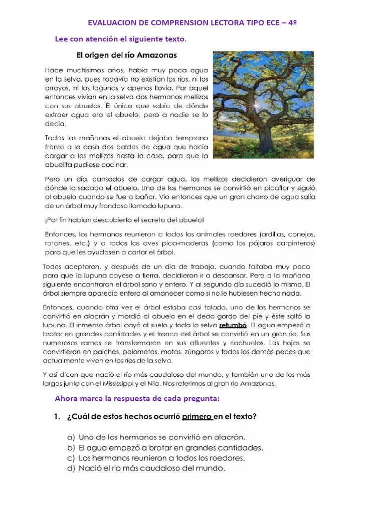 4°a - Evaluacion de Comprension Lectora Tipo Ece | PDF