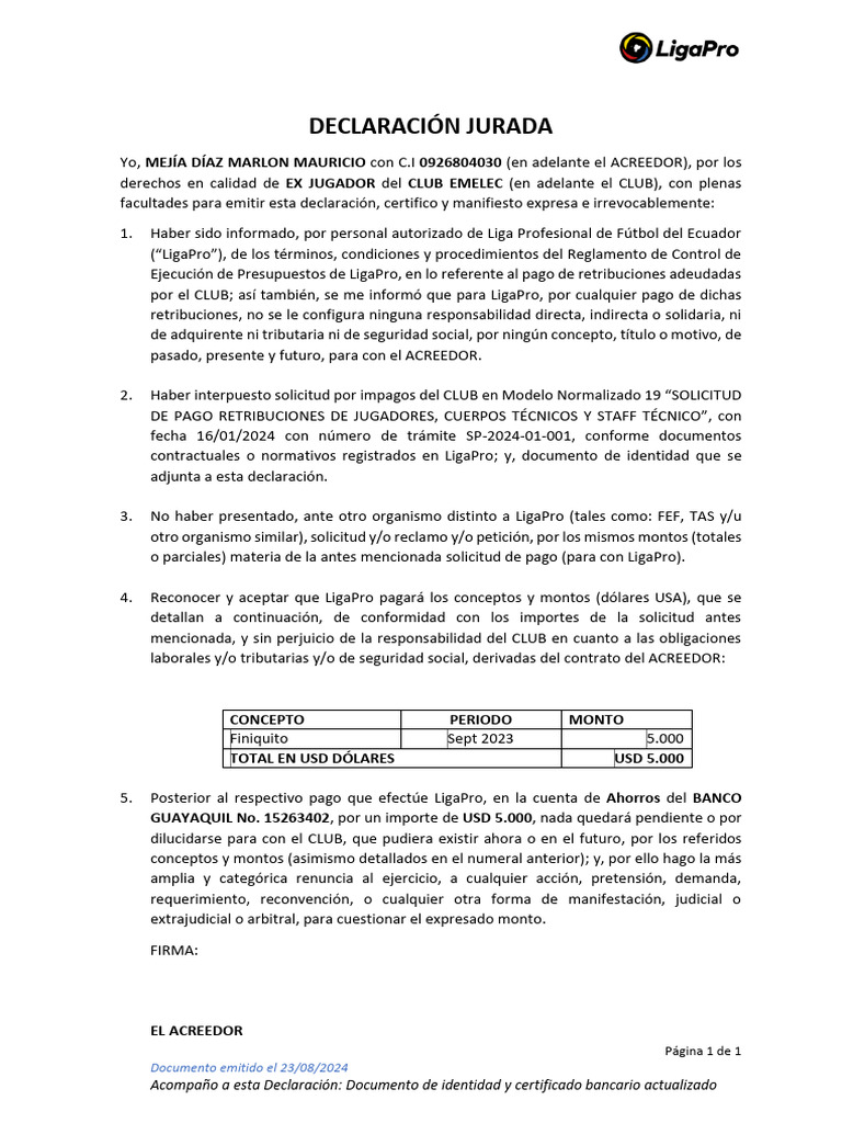 Decla. Marlon Mejia Sol 2024-01-01 | PDF | Documento de identidad
