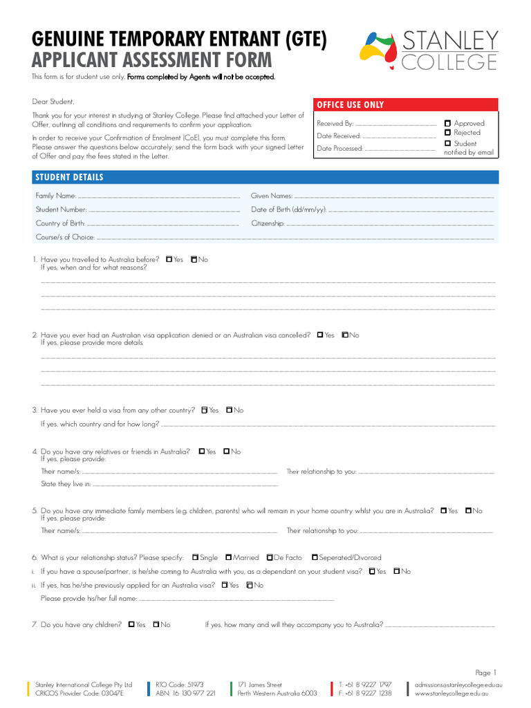 GTE Applicant Assessment Form - EditableForm 1 | PDF | Travel Visa