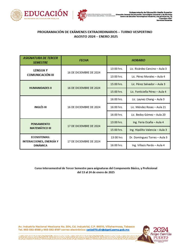 Exámenes Extraordinarios CETis 70 2024 | PDF