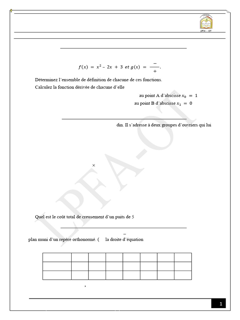 Examen de Mathématiques TLL 2023-2024 | PDF | Tangente (géométrie) | Courbe
