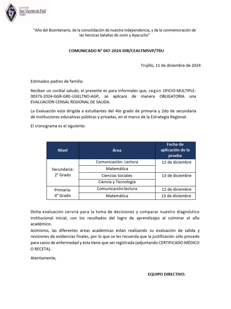 Comunicado N 047 - 2024 - Dir - Evaluacion Diagnostica | PDF