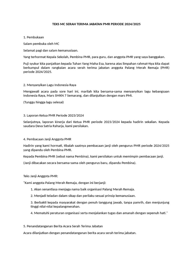 Teks MC Serah Terima Jabatan PMR Periode 2024 | PDF