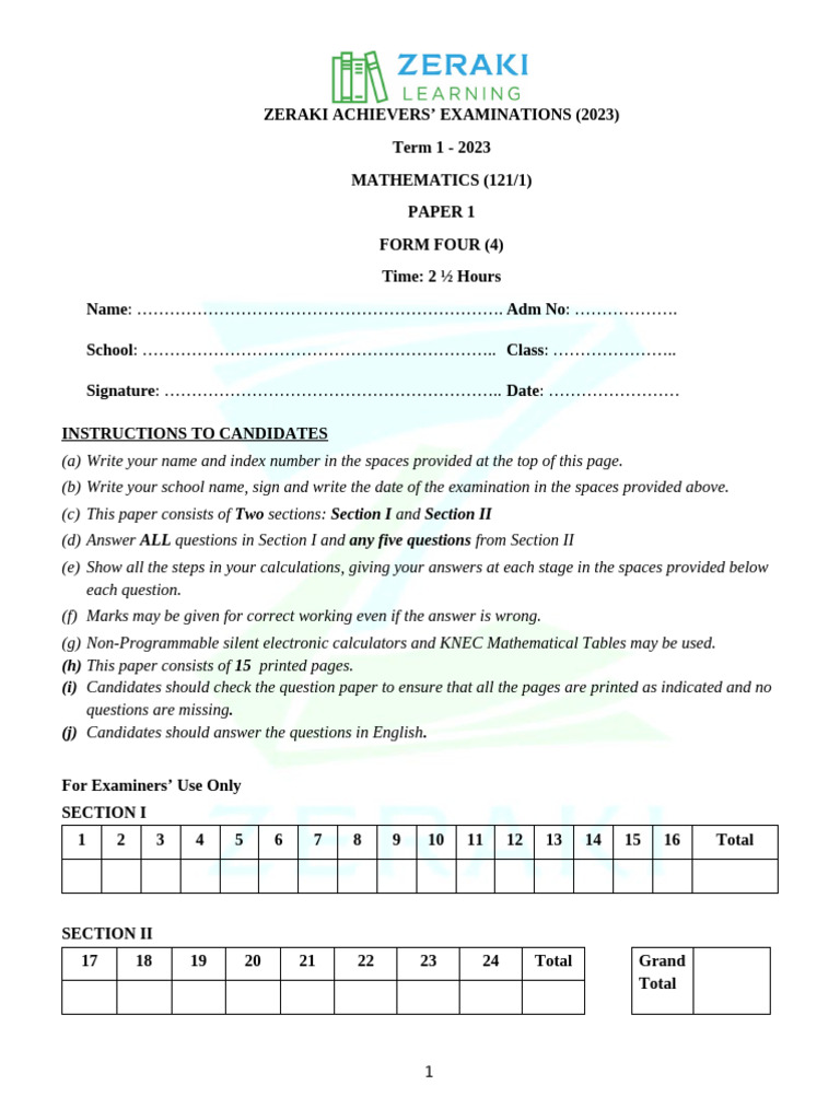 Mathematics - Mathematics Form 4 Paper 1 - Question Paper | PDF ...
