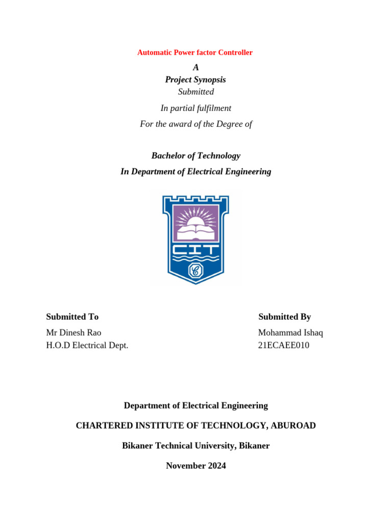 SYNOPSIS of Project Power Factor | PDF | Microcontroller | Physical ...