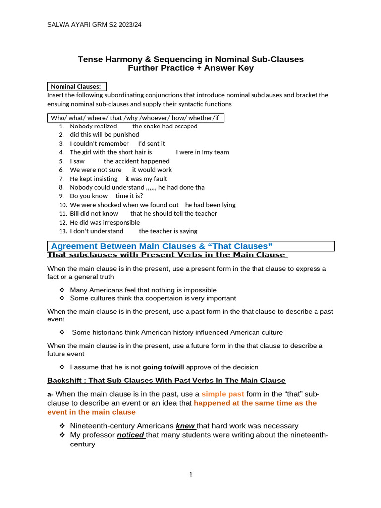 Tense Harmony Sequencing 24 Further Practice on Nominal Clauses Answer Key | PDF