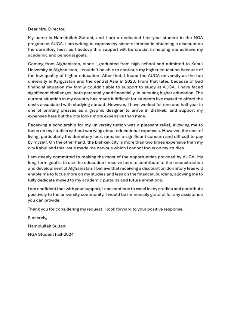Request for Dormitory Fee Discount | PDF