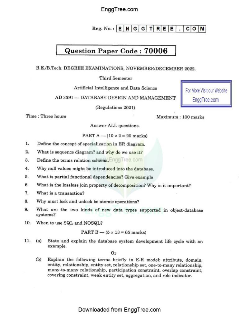 AD3391 Database Design and Management Nov Dec 2022 Question Paper Download | PDF