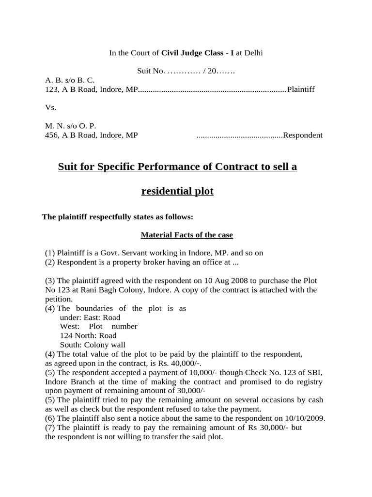 Specific Performance Suit for Property Sale | PDF | Lawsuit | Common Law