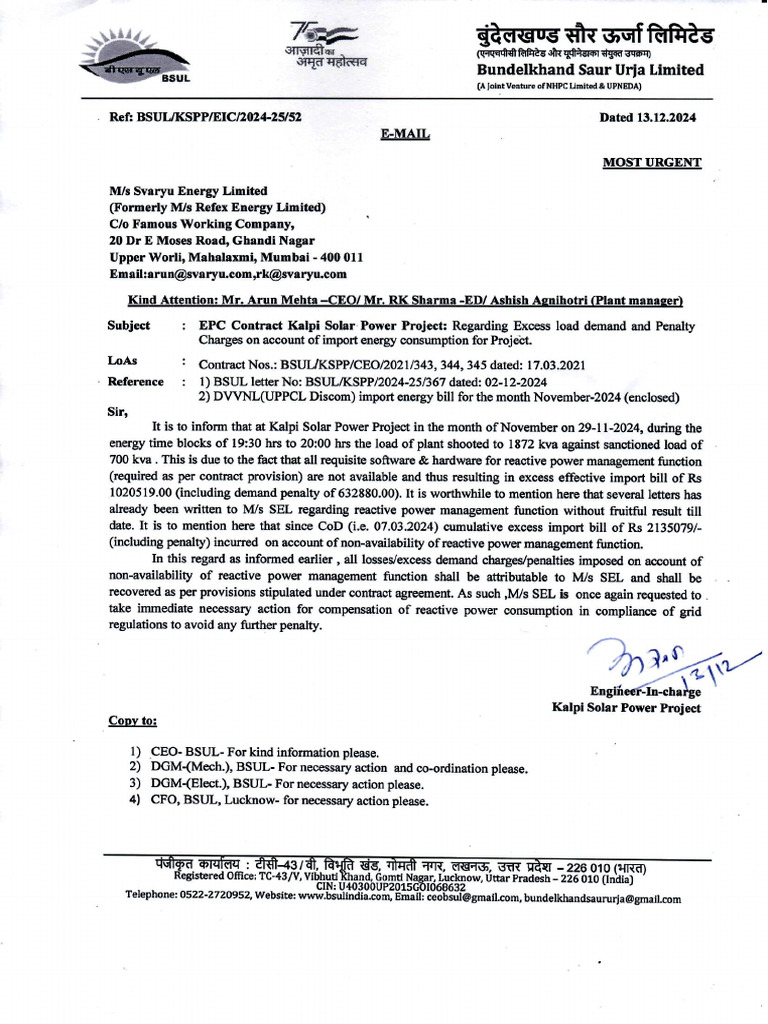Letter- Regarding Excess Load Demand & Penalty Charges on Account of ...