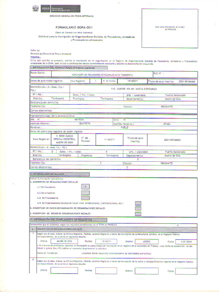 Formulario Dgpa-001 y Anexos Ospa Alto Tambopata | PDF