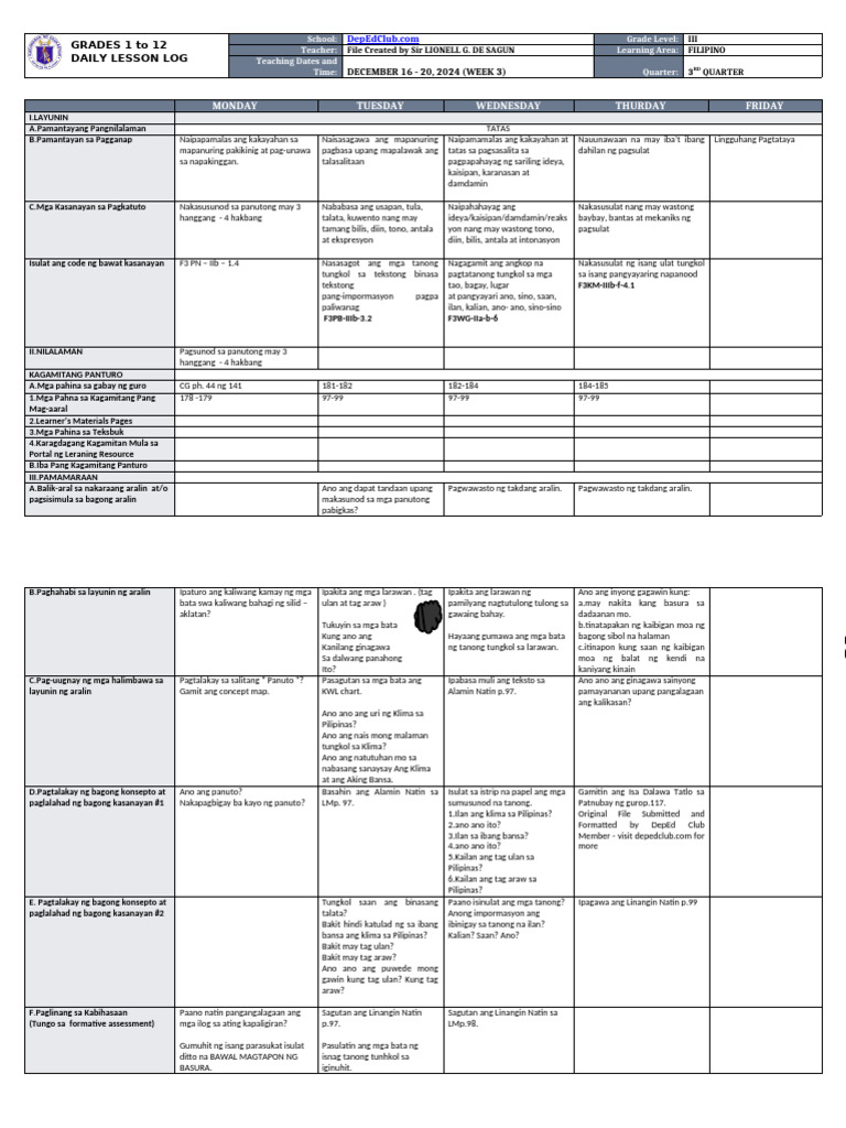 DLL - Filipino 3 - Q3 - W3 | PDF