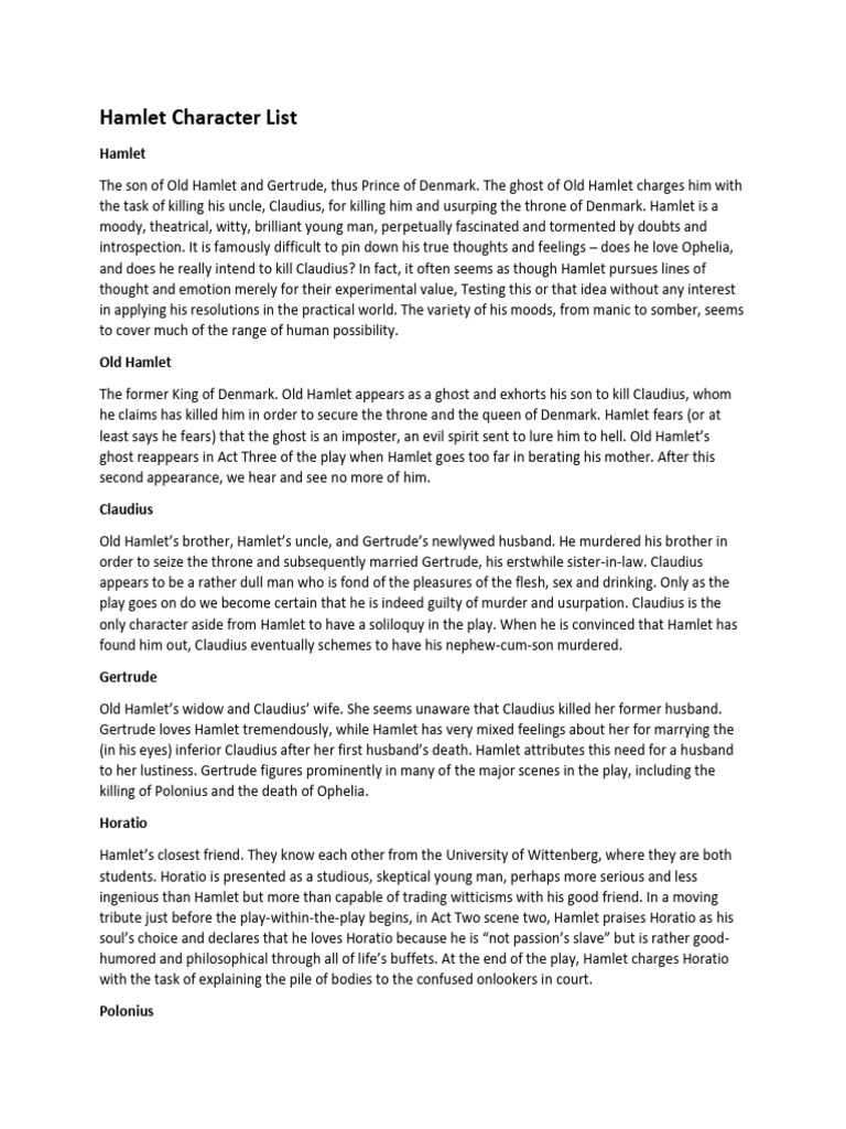 Hamlet Character List | PDF | Hamlet | Shakespearean Tragedies