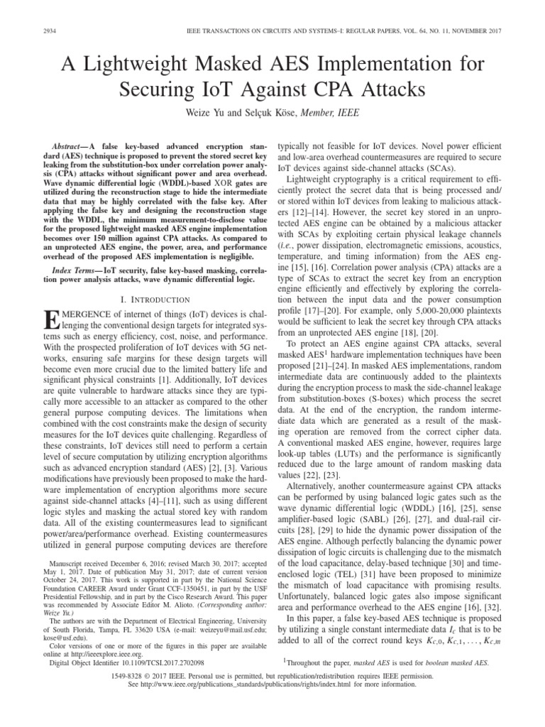 A Lightweight Masked AES Implementation For Securing IoT Against CPA Attacks | PDF | Logic Gate ...