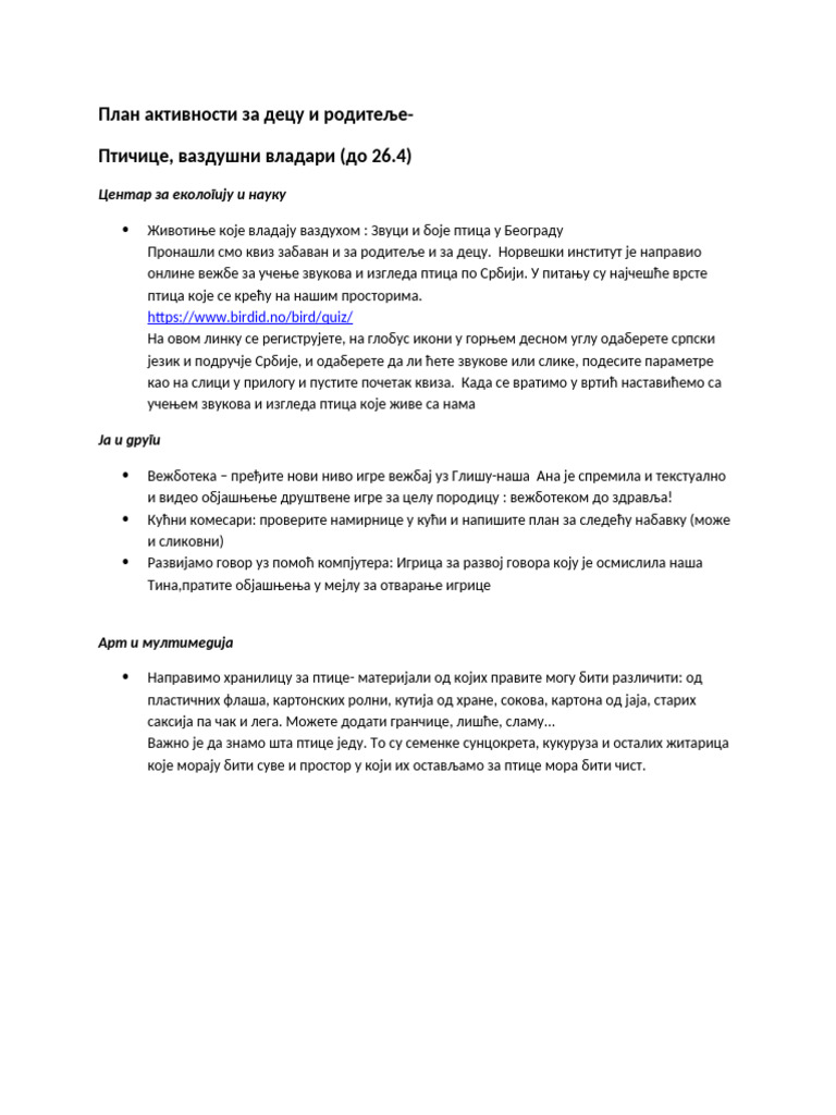 Plan Aktivnosti Do 26.4 | PDF