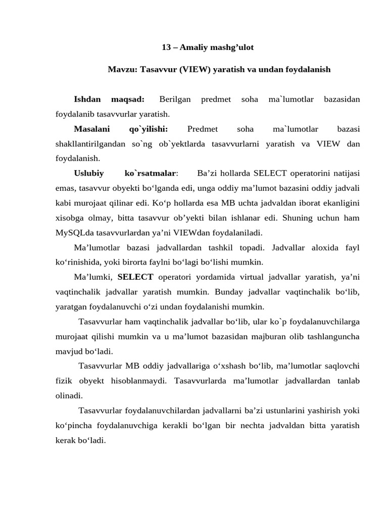 13-Amaliy Mashg'ulot | PDF