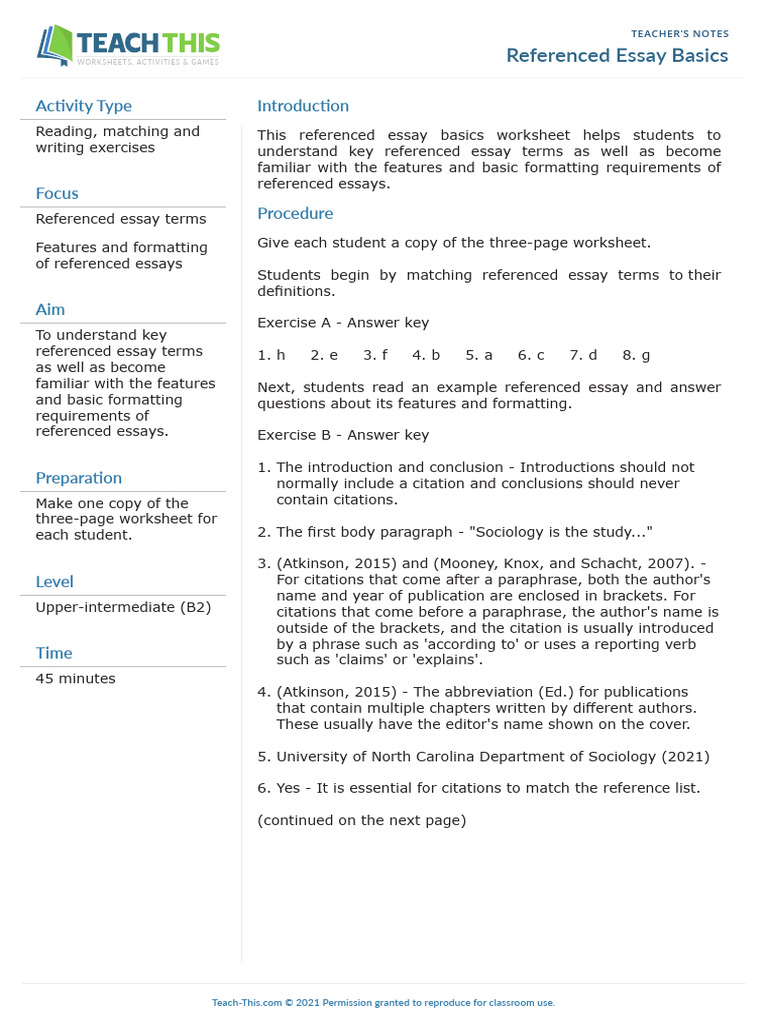 Referenced Essay Basics Worksheet | PDF | Sociology | Citation
