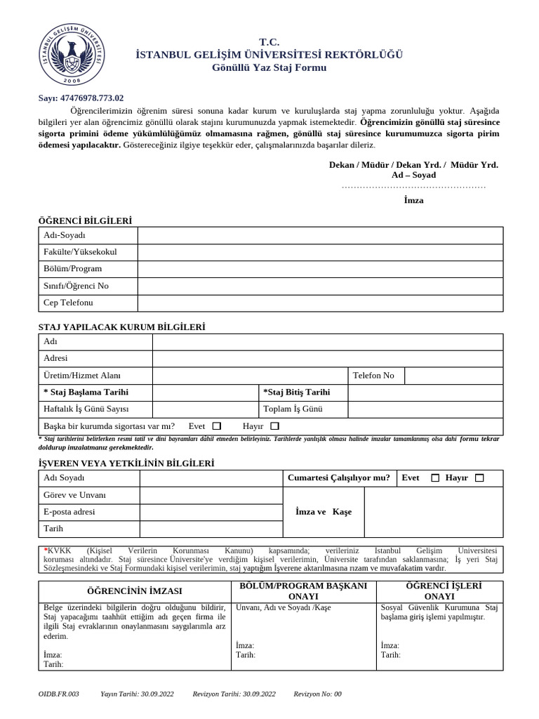 Oidbfr003 Rev 00 Gonullu Yaz Staj Formu | PDF