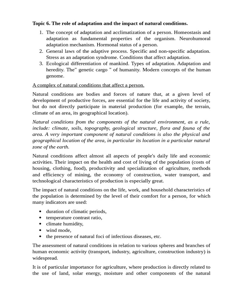 Topic 6. The Role of Adaptation and The Impact of Natural Conditions ...
