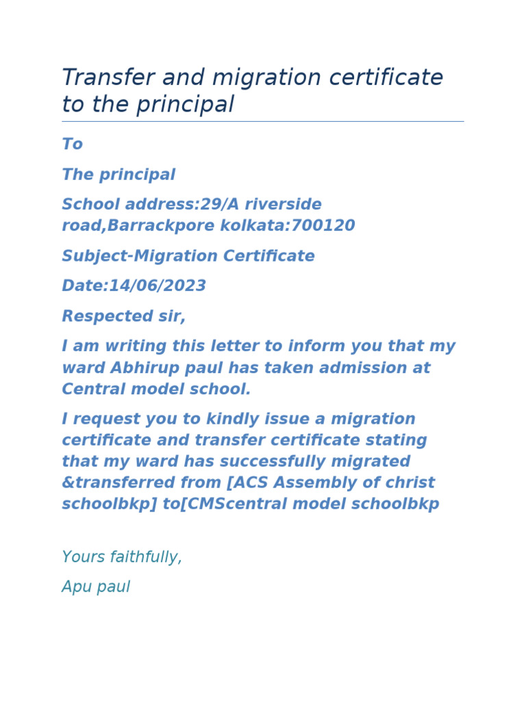 Transfer and Migration Certificate To The Principal | PDF